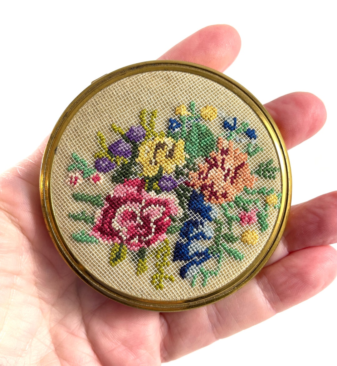 Vintage Compact Petit Point Embroidery Floral - Etsy