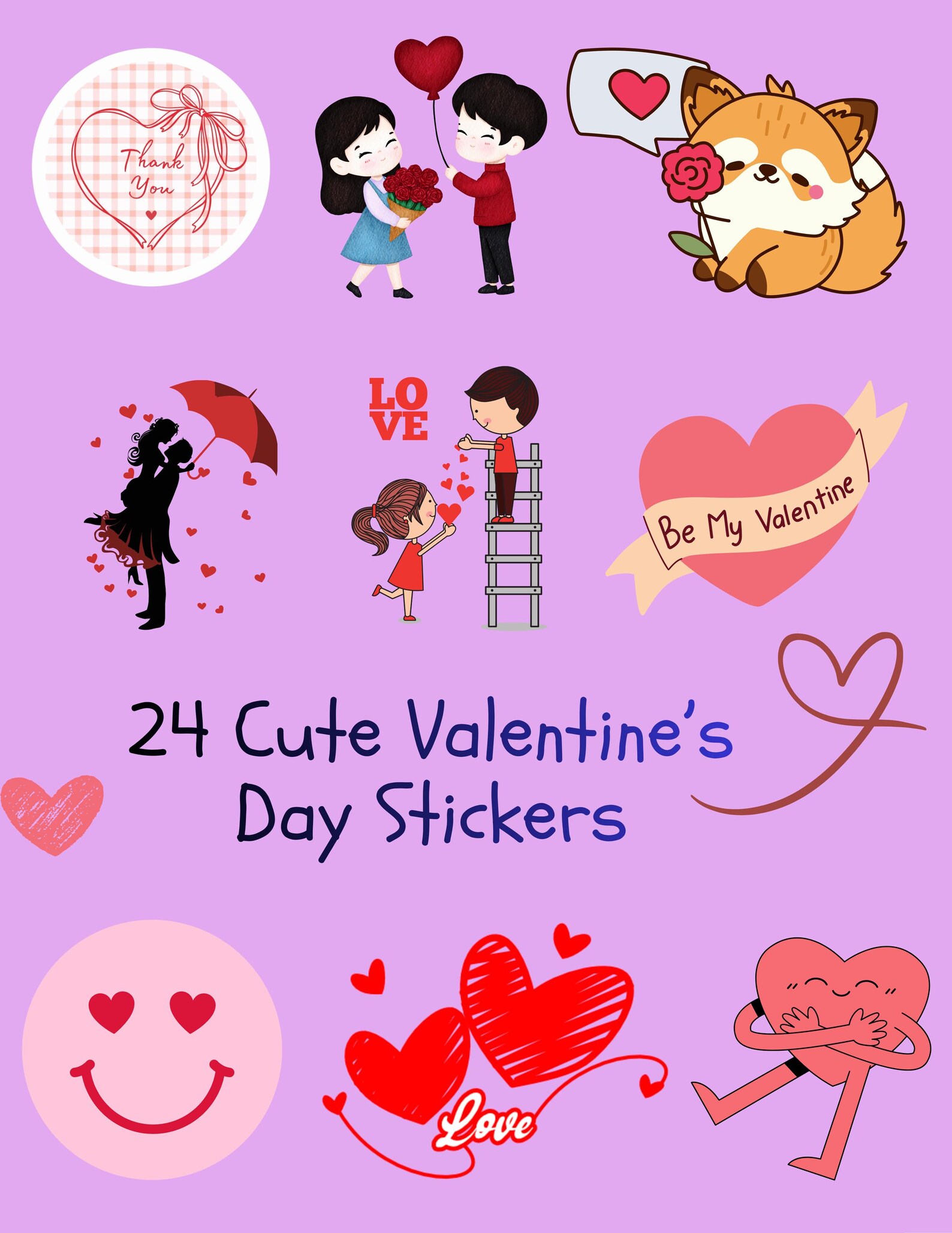 24 Valentine’s Day Stickers – Digital PNG & PDF Set | Love Stickers - Etsy