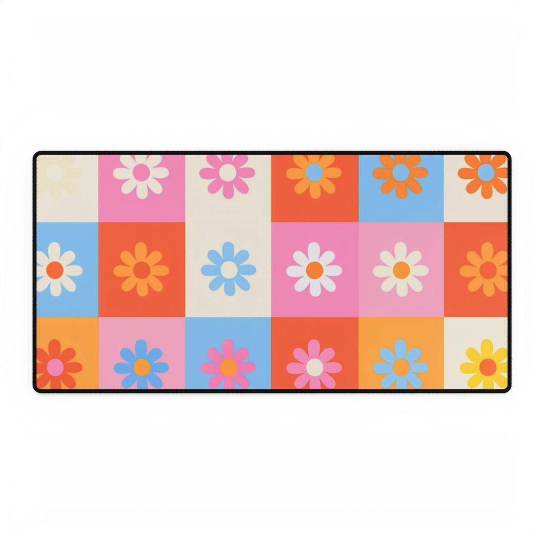 Retro Daisy Checkerboard Desk Mat | Colorful Floral Mouse Pad Mat - Etsy