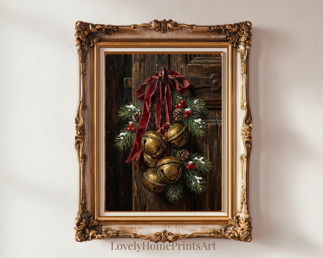 Vintage Sleigh Bells Print, Rustic Brass Bells Oil Painting, Moody ...