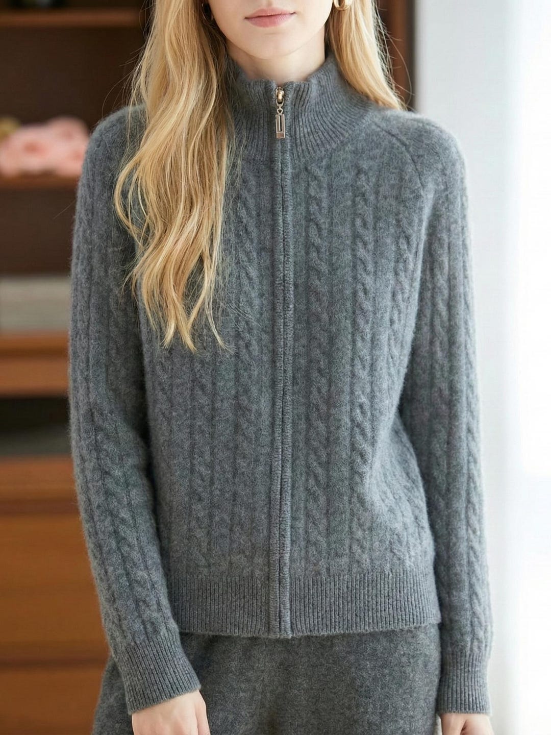 Cable Knit Wool Zip Cardigan Women | Thick Semi High Neck Sweater ...