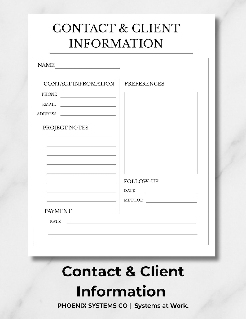 Contact & Client Information Sheet Printable | Business Intake Form ...