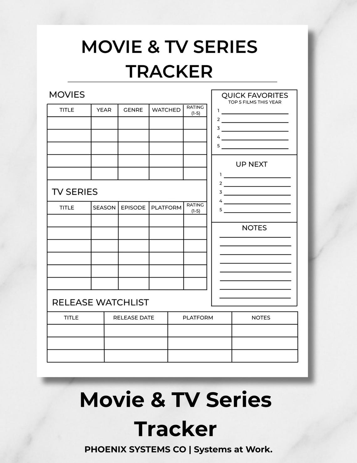 Movie and TV Series Tracker Printable | Film Log, Watchlist, Favorites ...