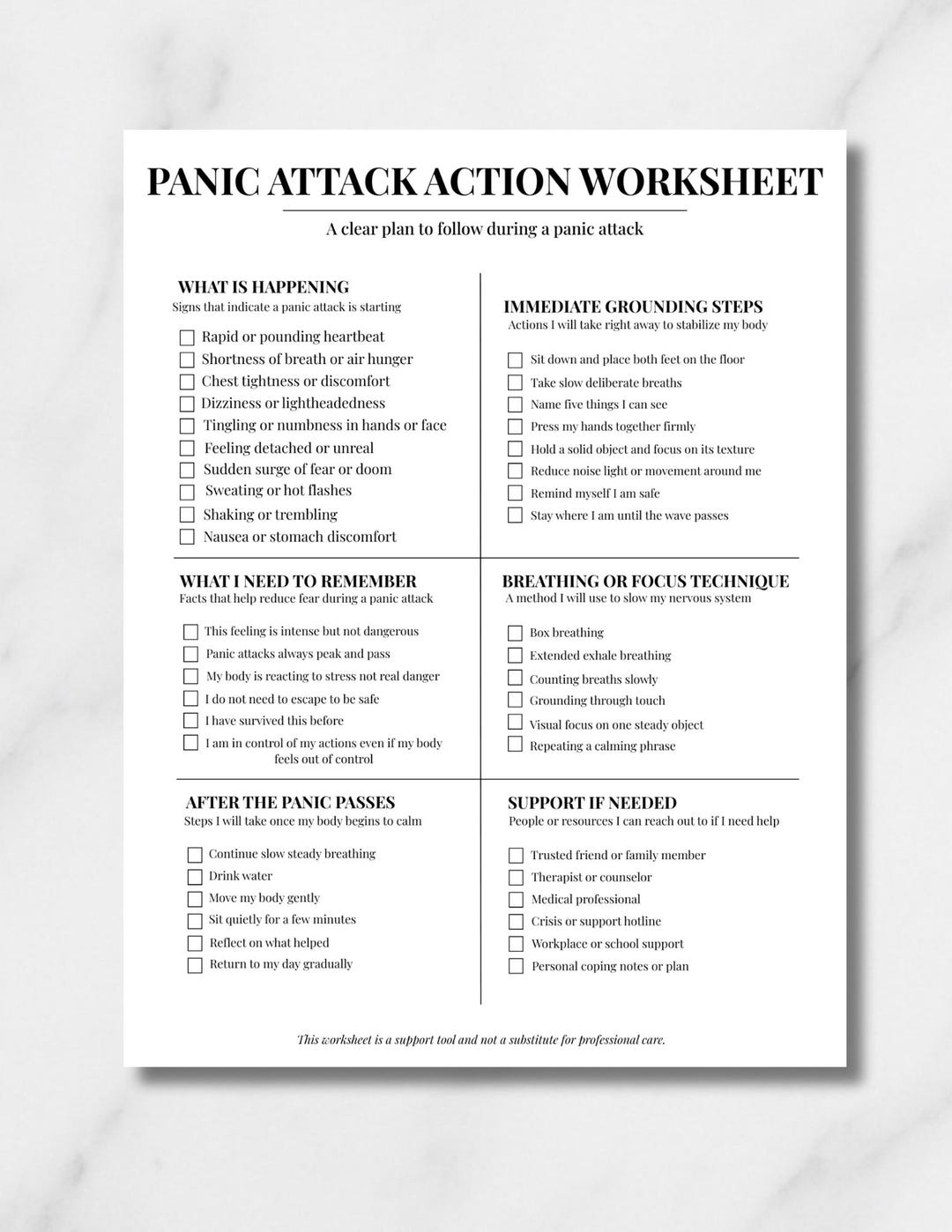 Printable Panic Attack Plan | Panic Attack Checklist | Anxiety ...