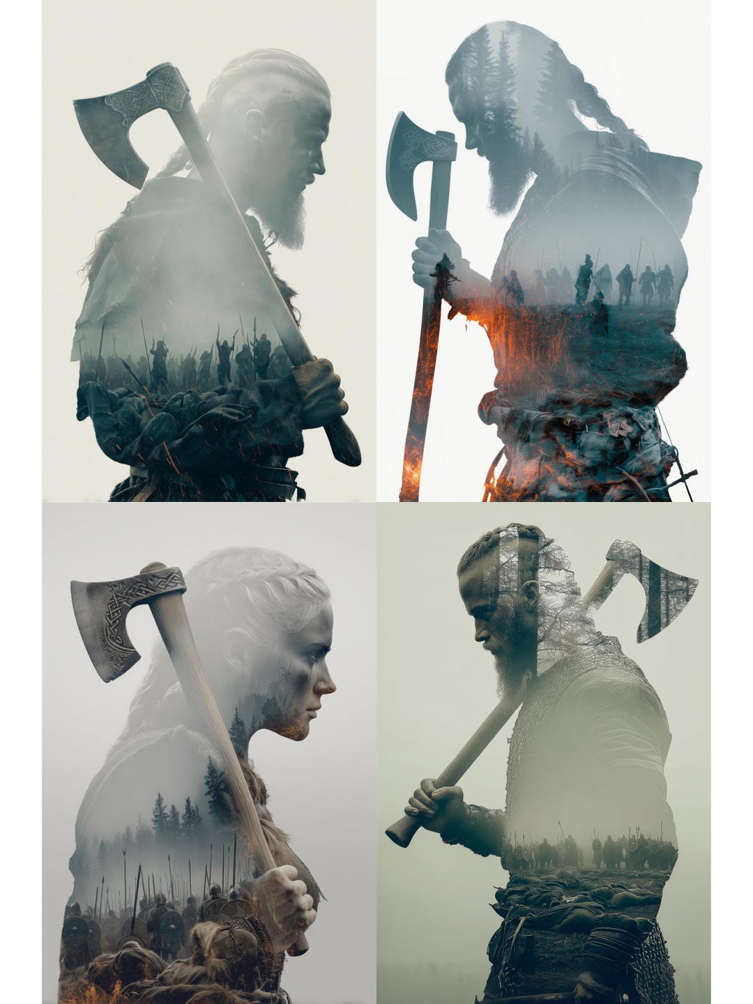 Viking Warrior Double Exposure Wall Art Set of 4 | Norse Axe Shieldman ...