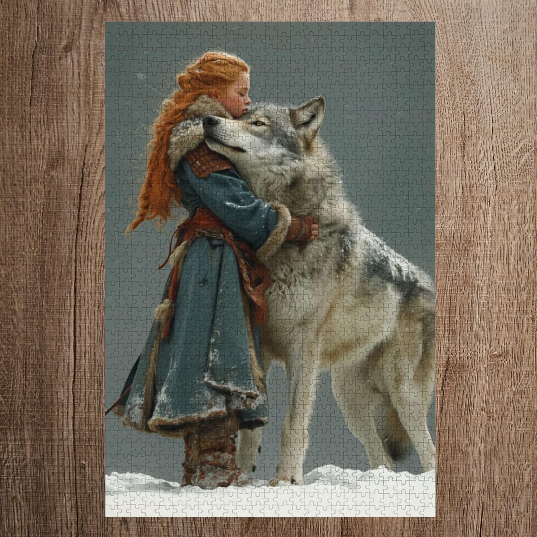 Viking Girl & Wolf Wooden Jigsaw Puzzle 1000 Pieces, Nordic Fantasy Art ...