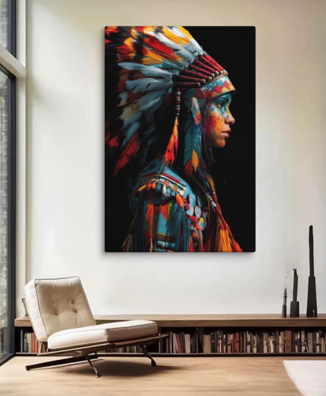 Colorful Native American Woman Large Canvas Art, Feather Headdress Side ...