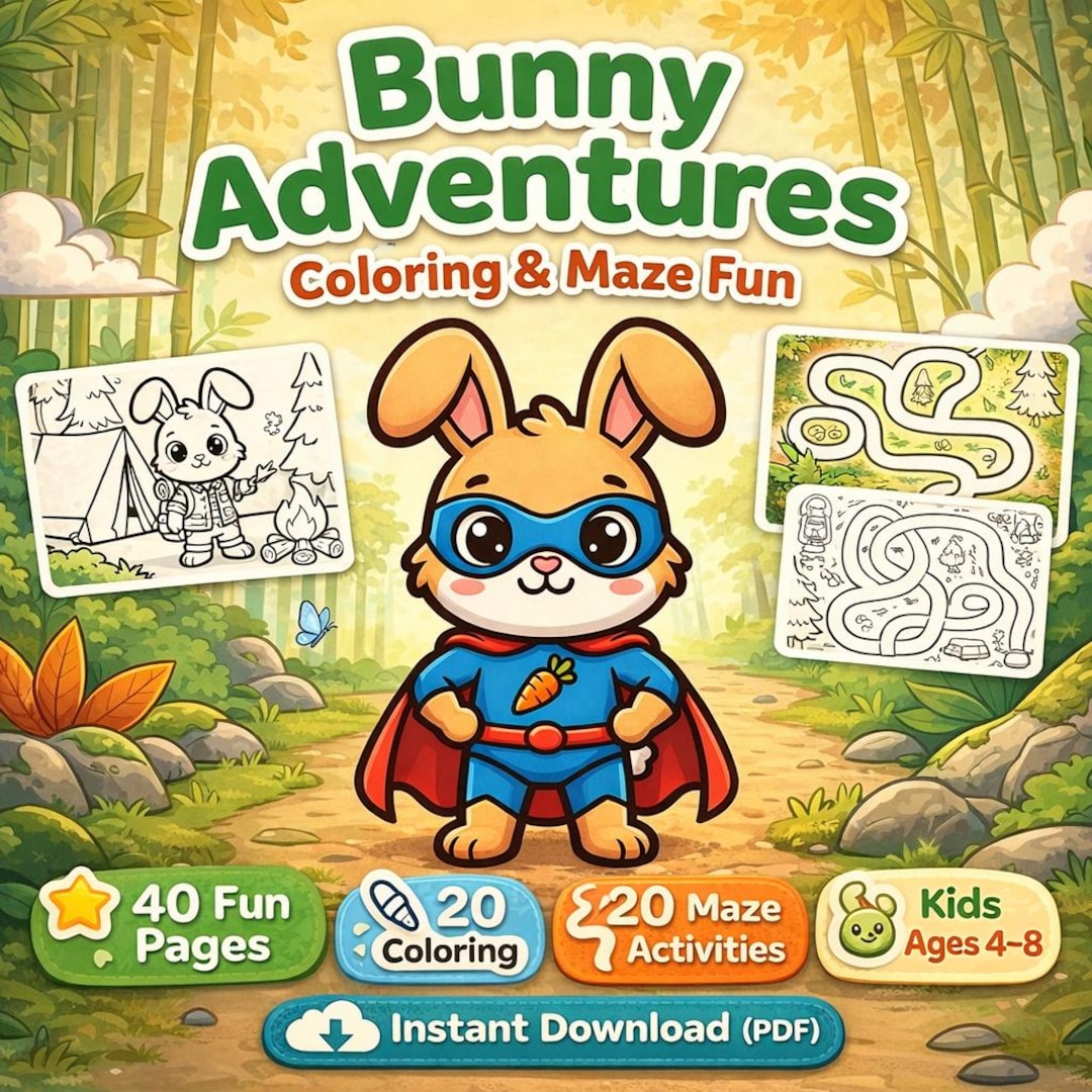 Bunny Adventures Coloring & Maze Book for Kids 4–8 | Screen-free ...