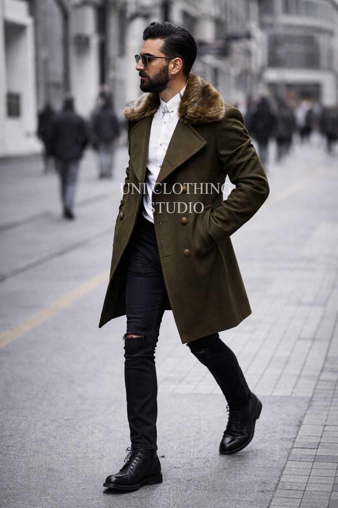 Men's Olive Green Wool Overcoat – Faux Fur Collar, Double Breasted ...