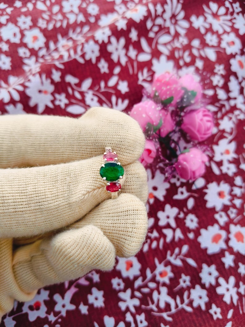 Emerald Ruby Three Stone Ring, Oval Cut Sterling Silver 925 Trilogy ...