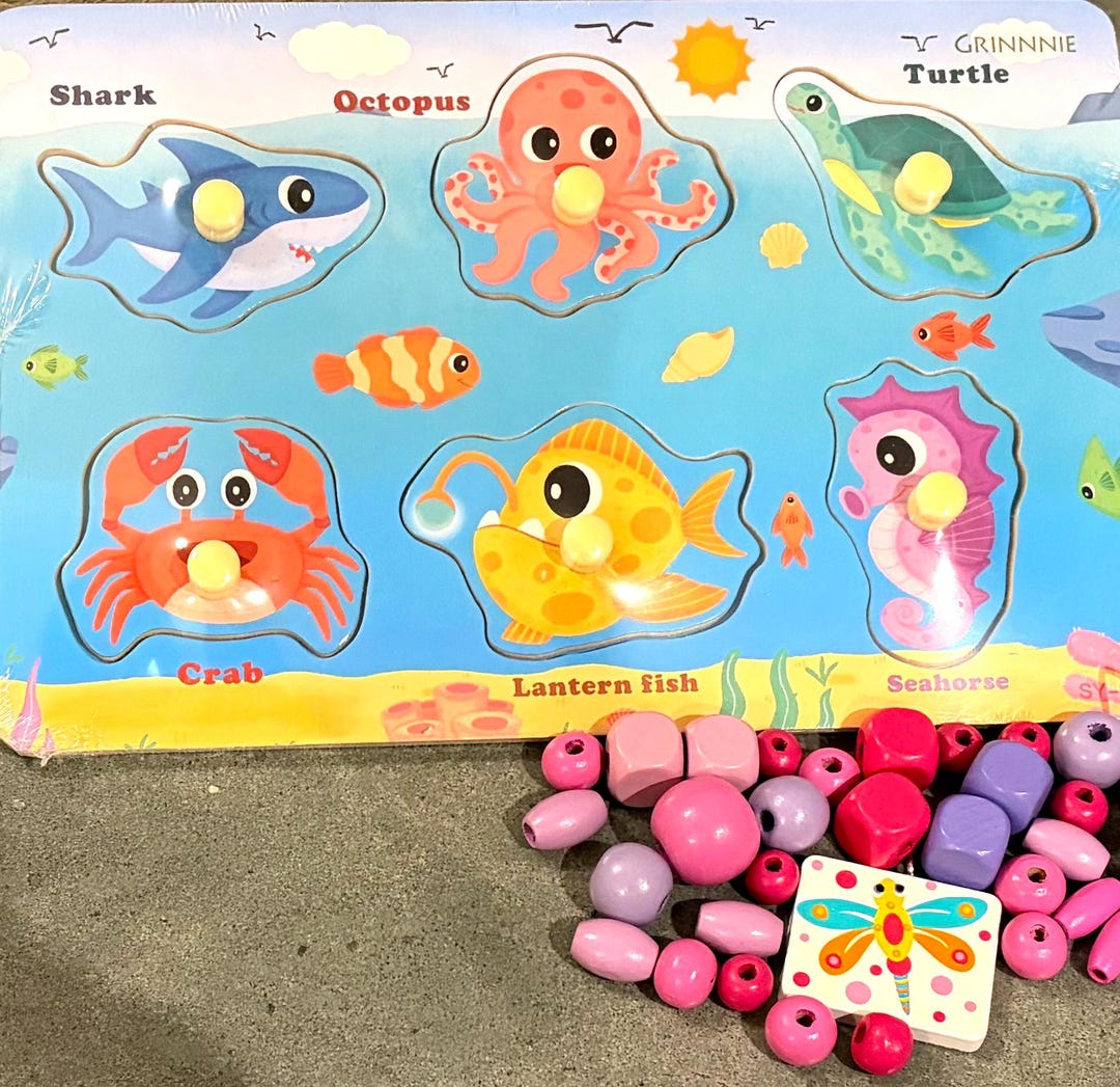 Ocean Peg Puzzle for Toddlers, Montessori Wood Jigsaw, Sea Animal Toy ...