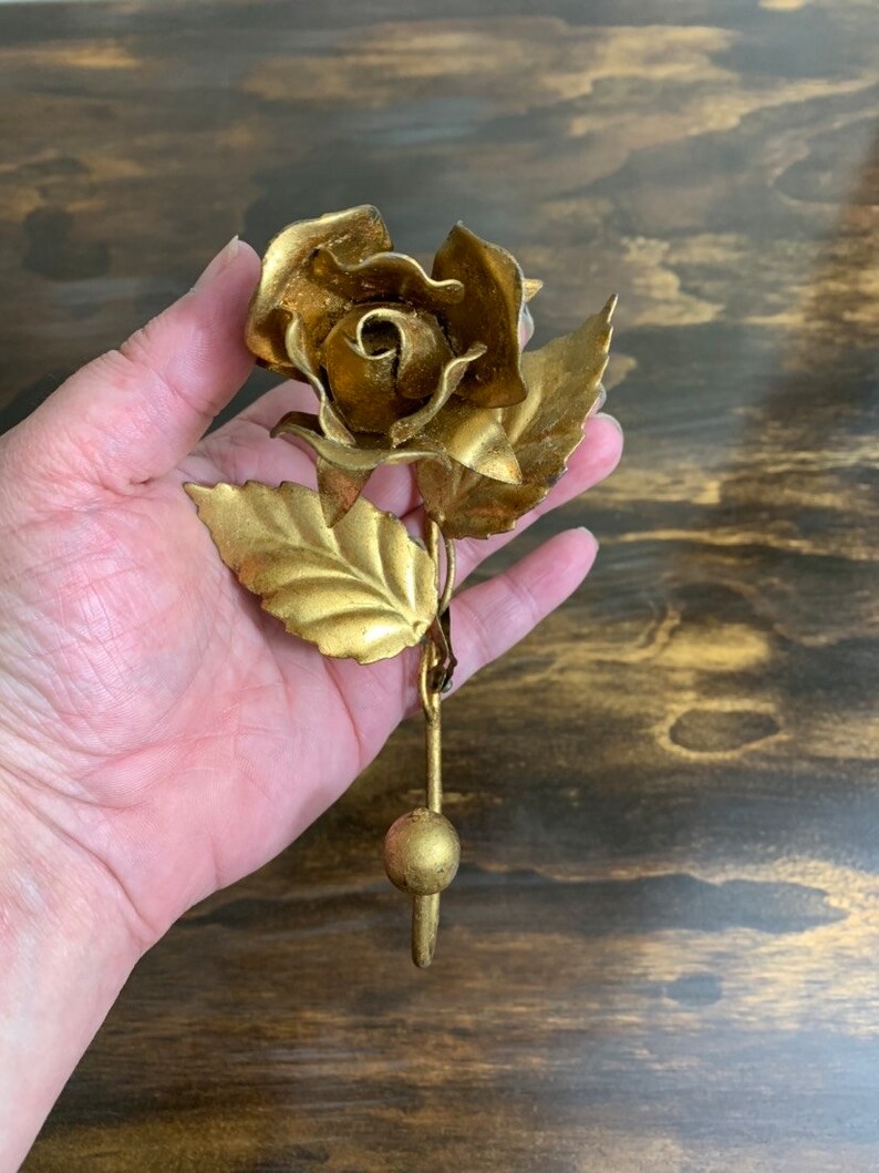 Vintage Gold Rose Hook Tole Metal Rose Flower Wall Hook French Country ...