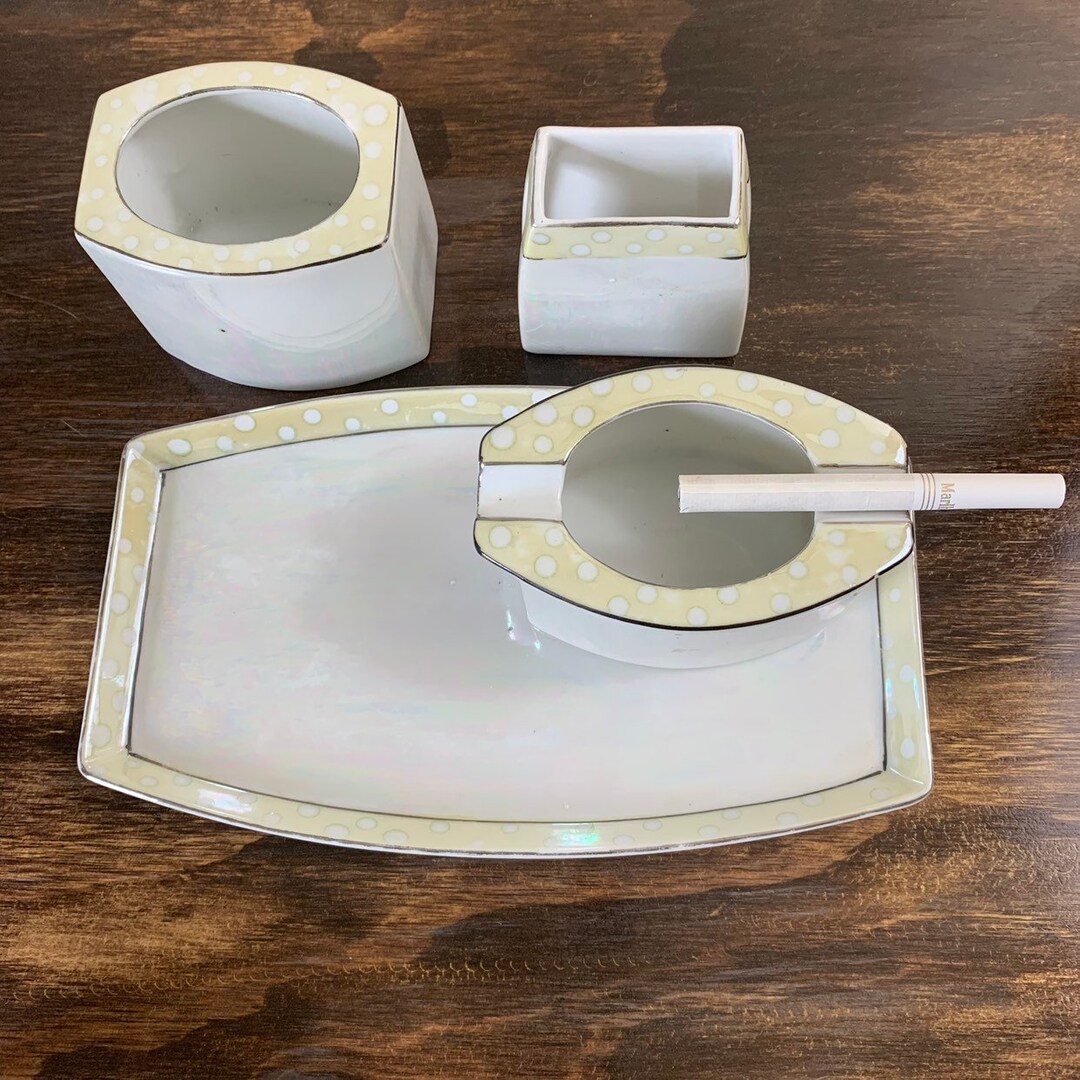 Vintage Porcelain Ashtray Smoking Set Polka Dot Lusterware Smoking Set ...