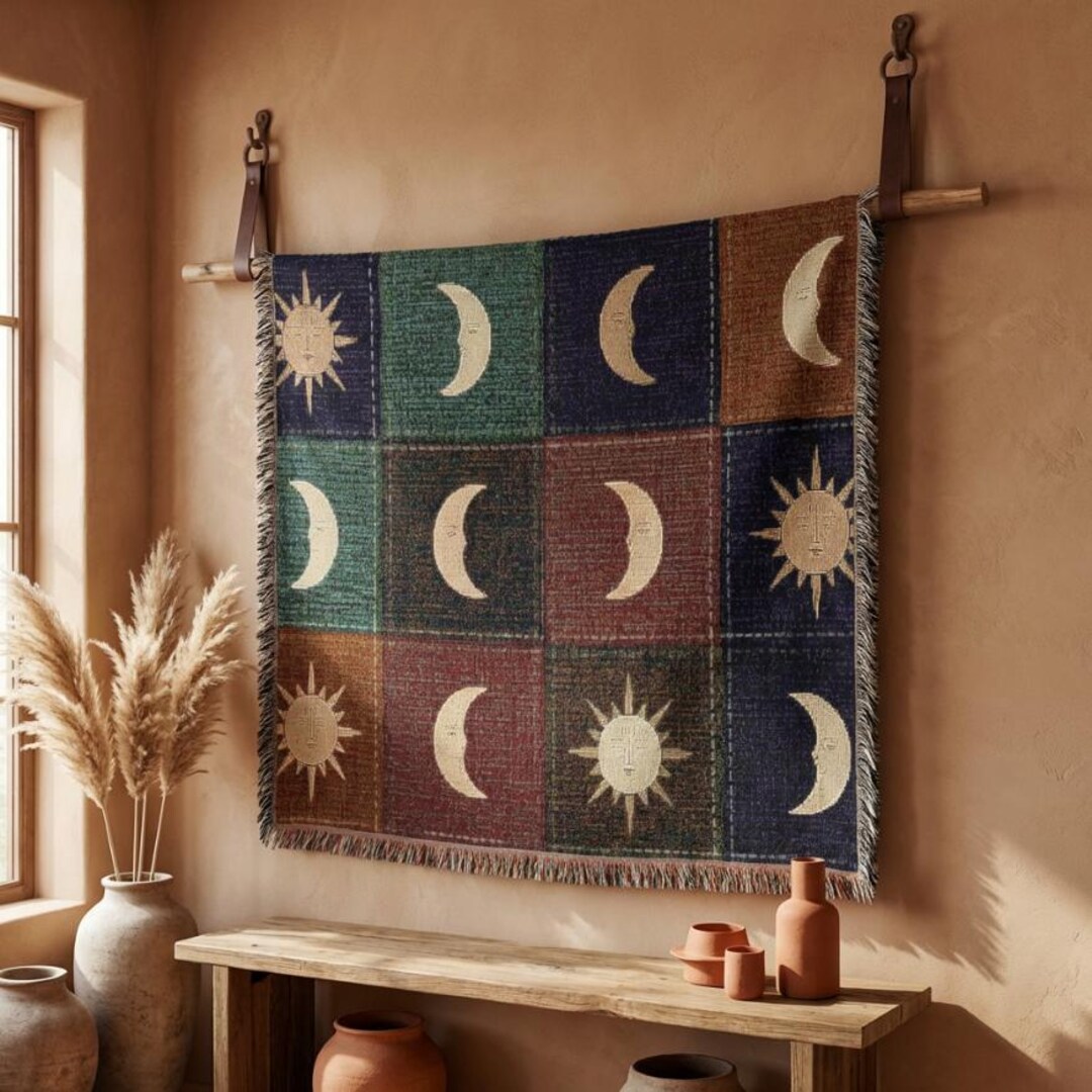 Vintage Sun and Face Moon Woven Tapestry Blanket, Mystic Celestial ...