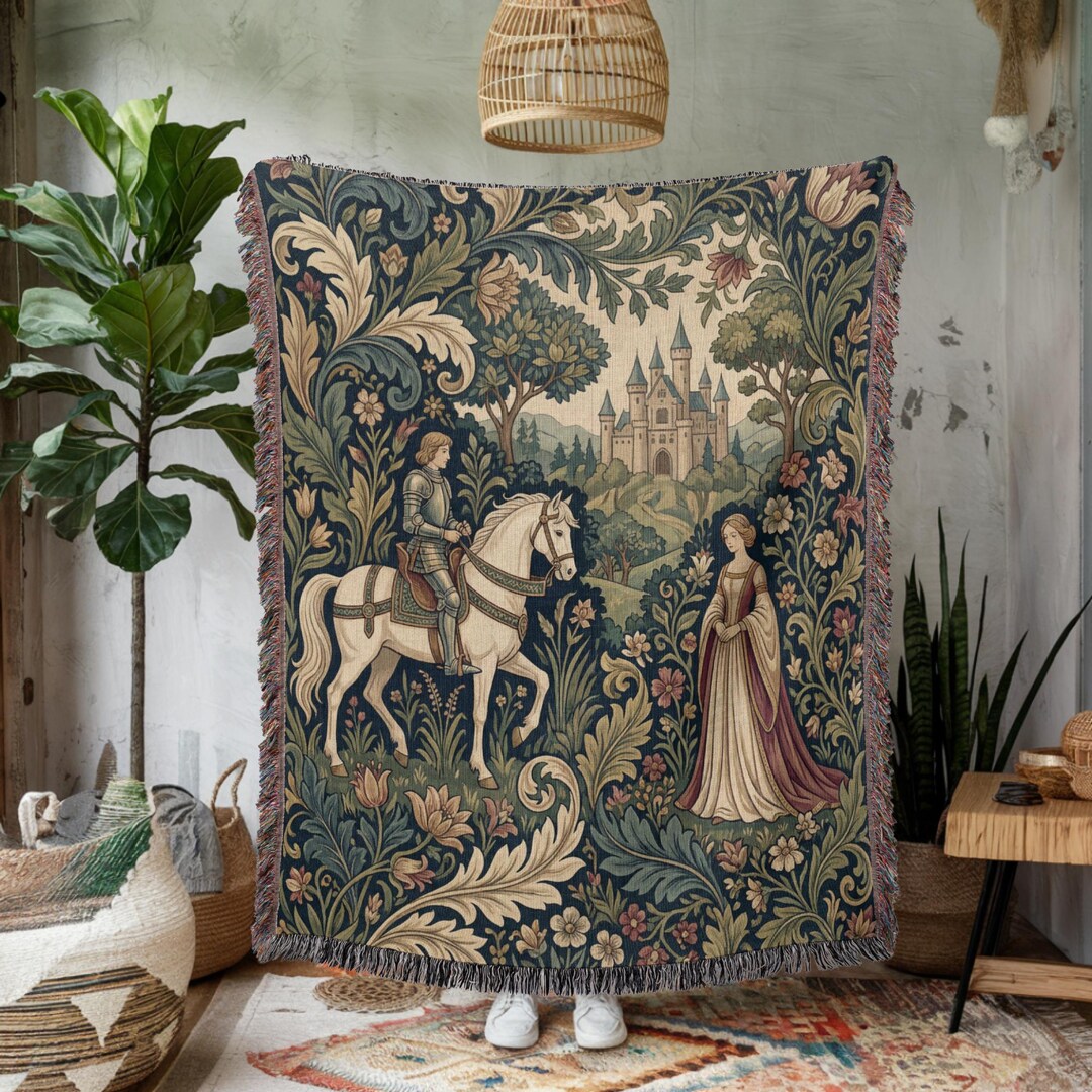 Medieval Castle Tapestry Woven Blanket, Knight and Princess Castle ...