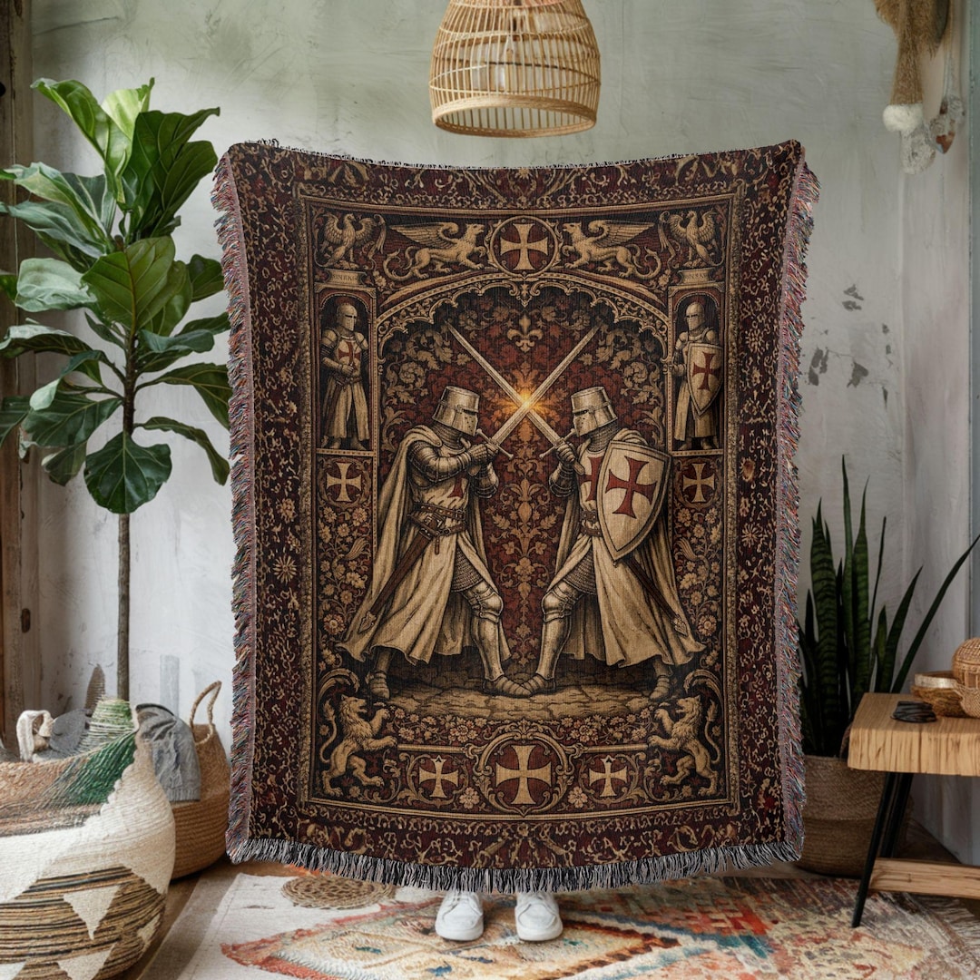 Medieval Knight Duel Woven Blanket, Crusader Tapestry Wall Hanging ...