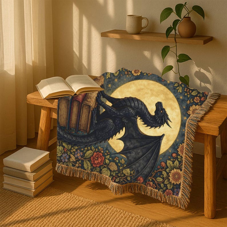 Dragon Woven Blanket, Fantasy Book Tapestry Throw, Medieval Renaissance ...