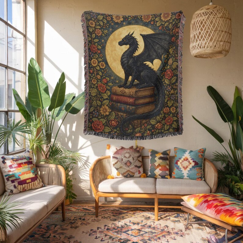 Dragon Woven Blanket, Fantasy Book Tapestry Throw, Medieval Renaissance ...