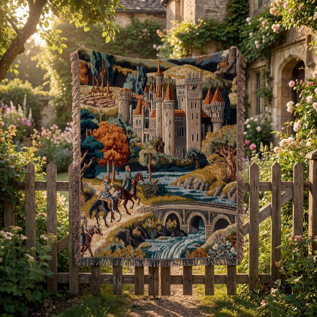 Medieval Castle Tapestry Blanket, Vintage Landscape Woven Throw, Knight ...