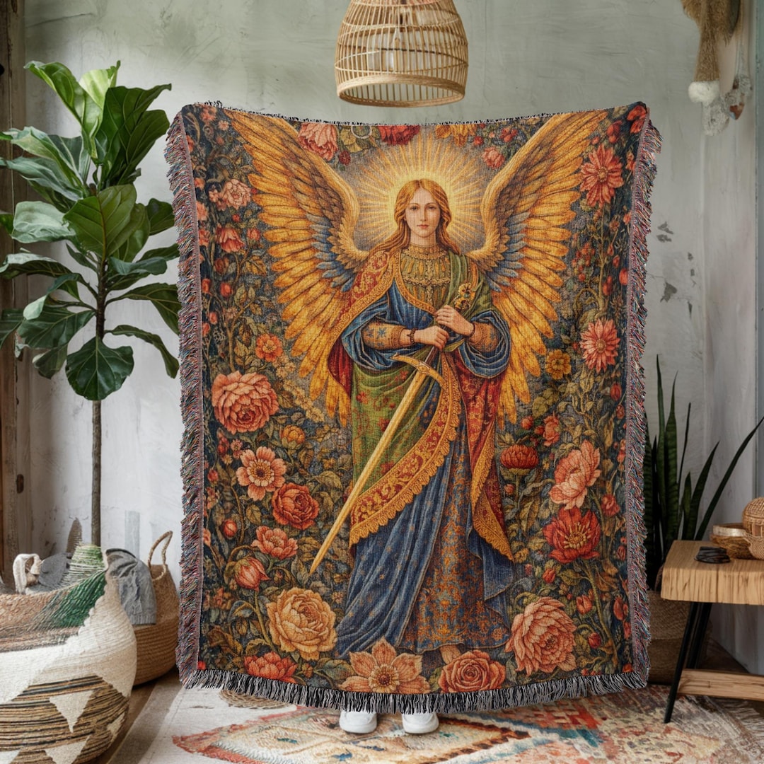 Guardian Angel Tapestry Blanket, Sacred Religious Floral Art Throw ...