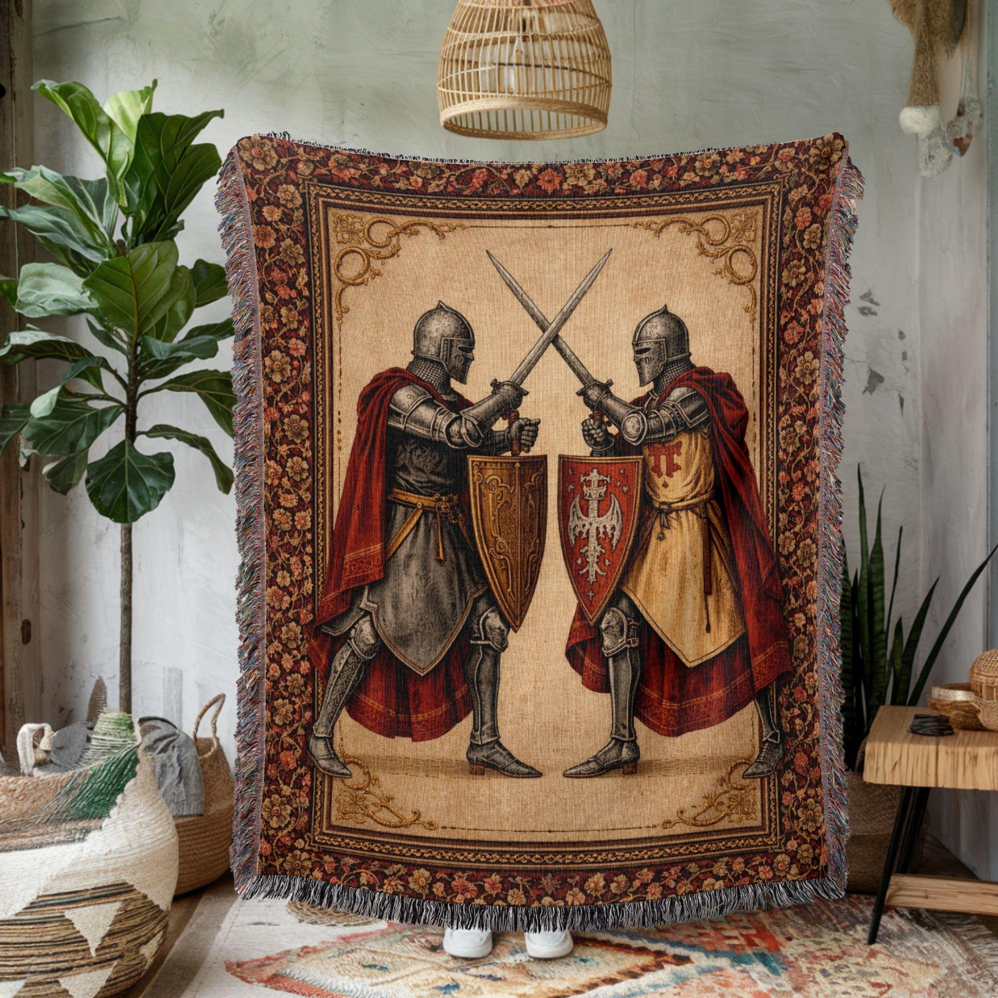 Crusader Duel Woven Blanket, Medieval Knights Tapestry Throw, Gothic ...
