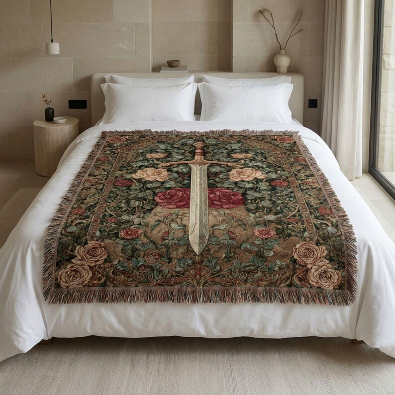 Medieval Sword Tapestry Blanket, Gothic Floral Woven Throw, Vintage ...