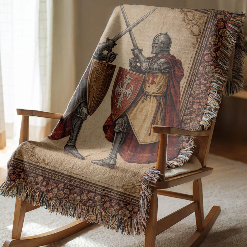 Crusader Duel Woven Blanket, Medieval Knights Tapestry Throw, Gothic ...