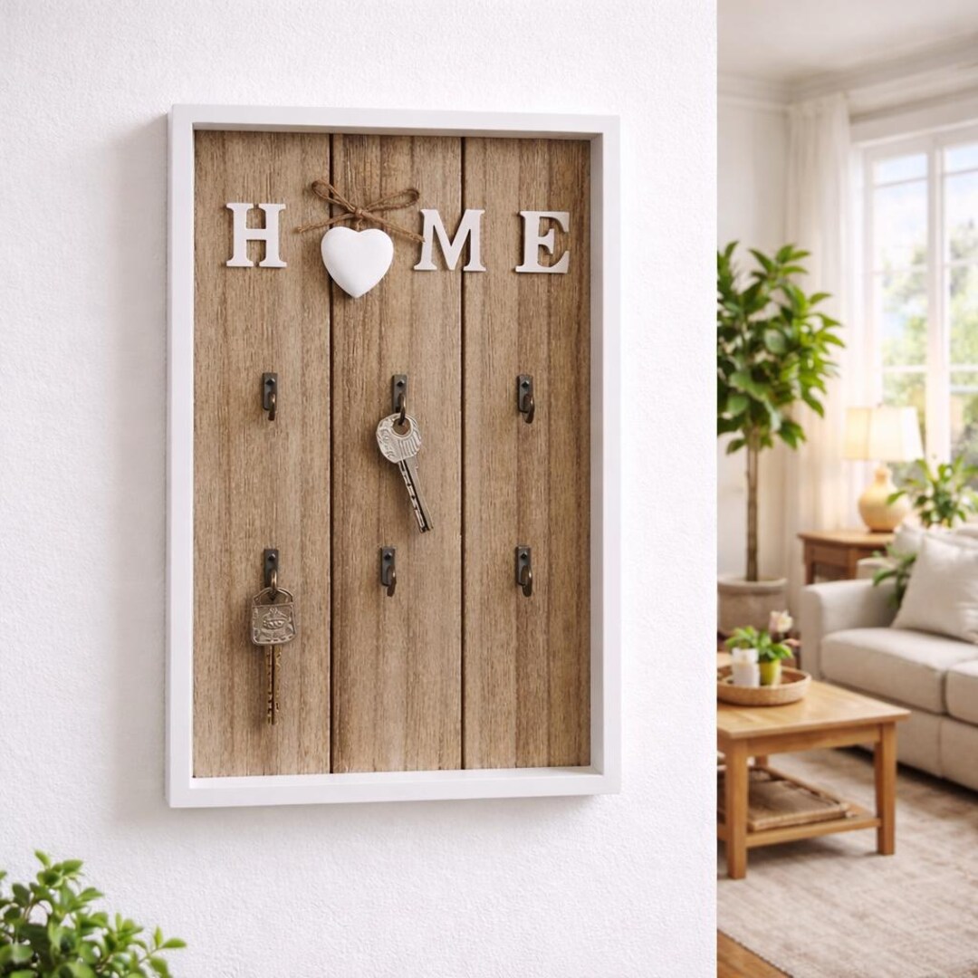 Rustic Wooden Key Holder Wall Decor With Hooks | Farmhouse Entryway ...