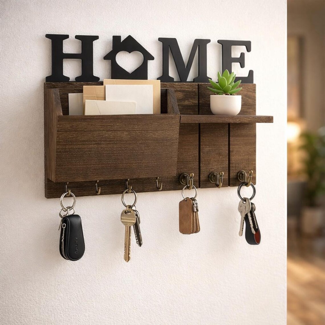 Rustic Wooden Entryway Key Holder With Shelf and Mail Organizer - Etsy