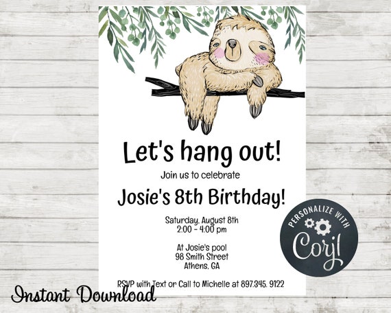 Sloth Invitation, Sloth Birthday Party Invitation, Invite, Printable ...