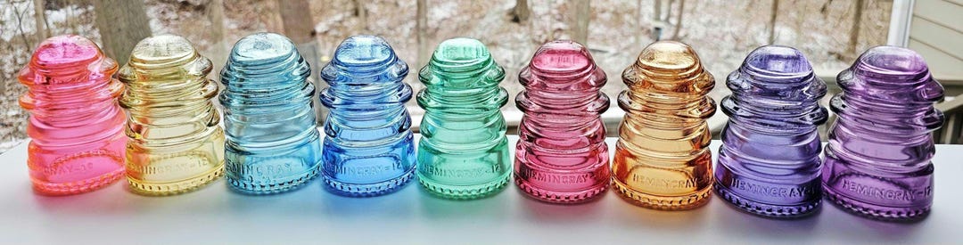 9 Antique Stained Hemingray-12 Glass Insulators as One Set. All 9 for ...