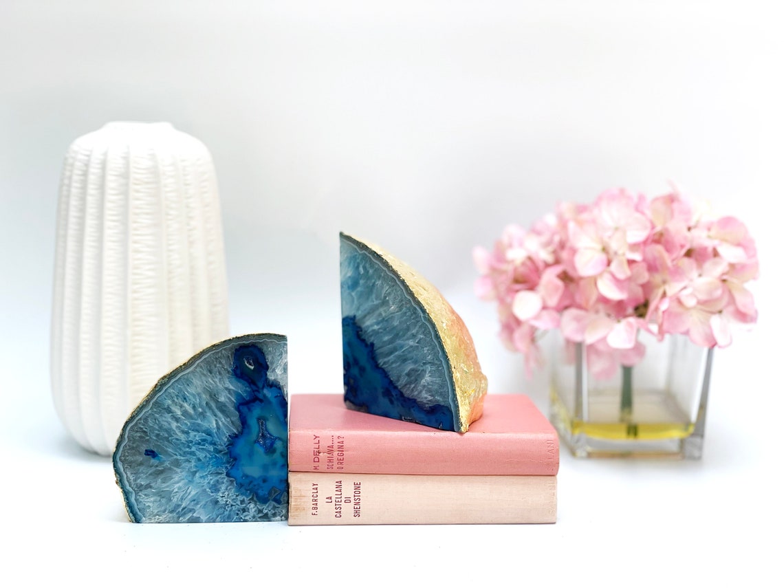 Blue Agate Bookends Geode Bookends Gold Leaf Bookends - Etsy
