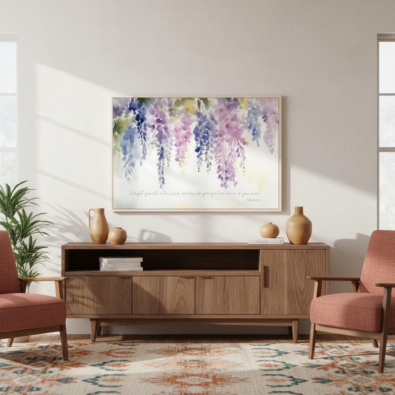 Delight in the Lord, Purple Wisteria Watercolor Scripture Wall Art ...