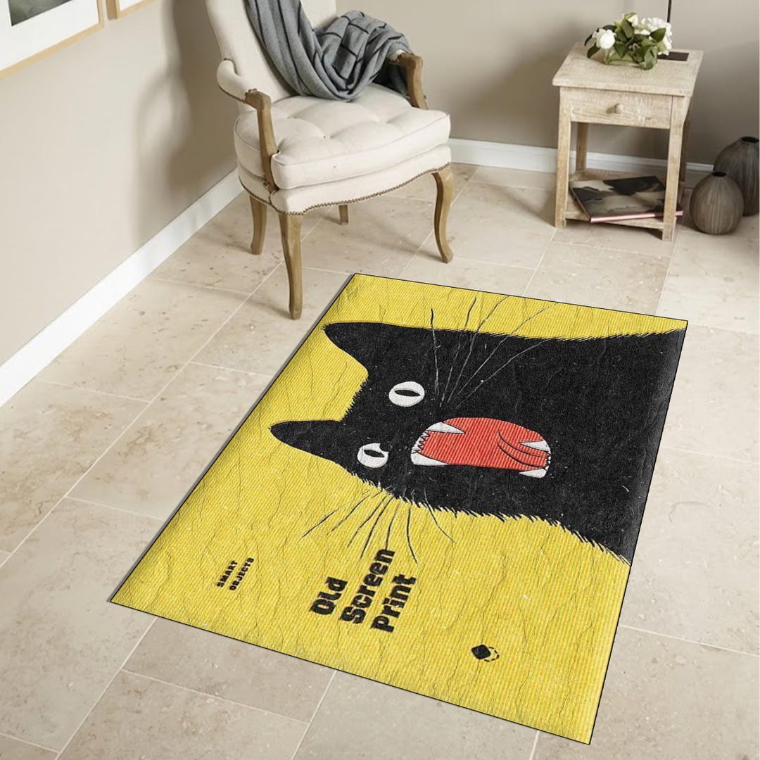 Funny Yawning Black Cat Rug, Lime Green Pop Art Floor Mat, Quirky ...