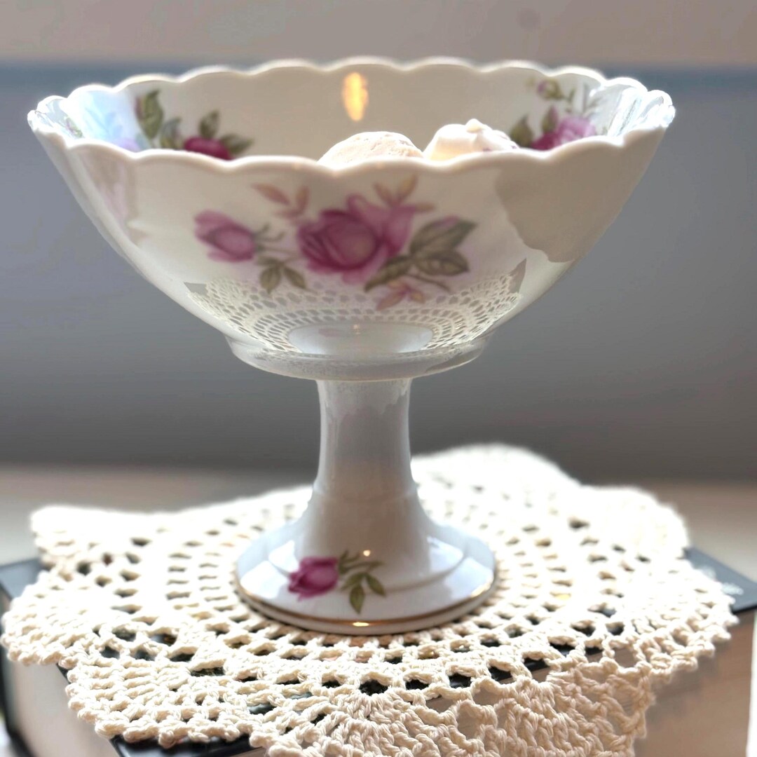 Hand Painted Pink Rose Pedestal Compote Bowl, Vintage - Etsy