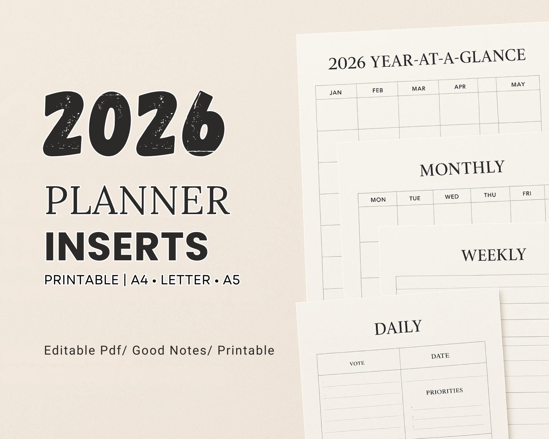 2026 Planner Inserts | Printable PDF Bundle A5 A4 Letter | Monthly ...