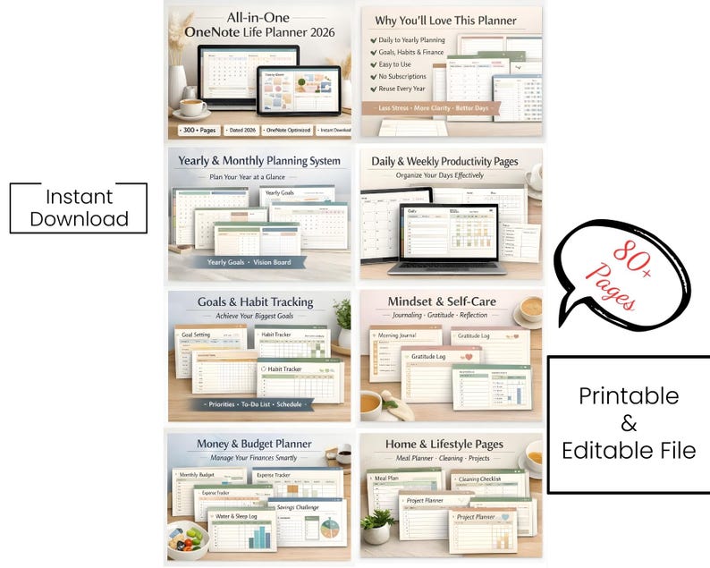 Onenote Planner 2026 Digital | Hyperlinked Life Planner | Daily Weekly Monthly | Budget Habit ...