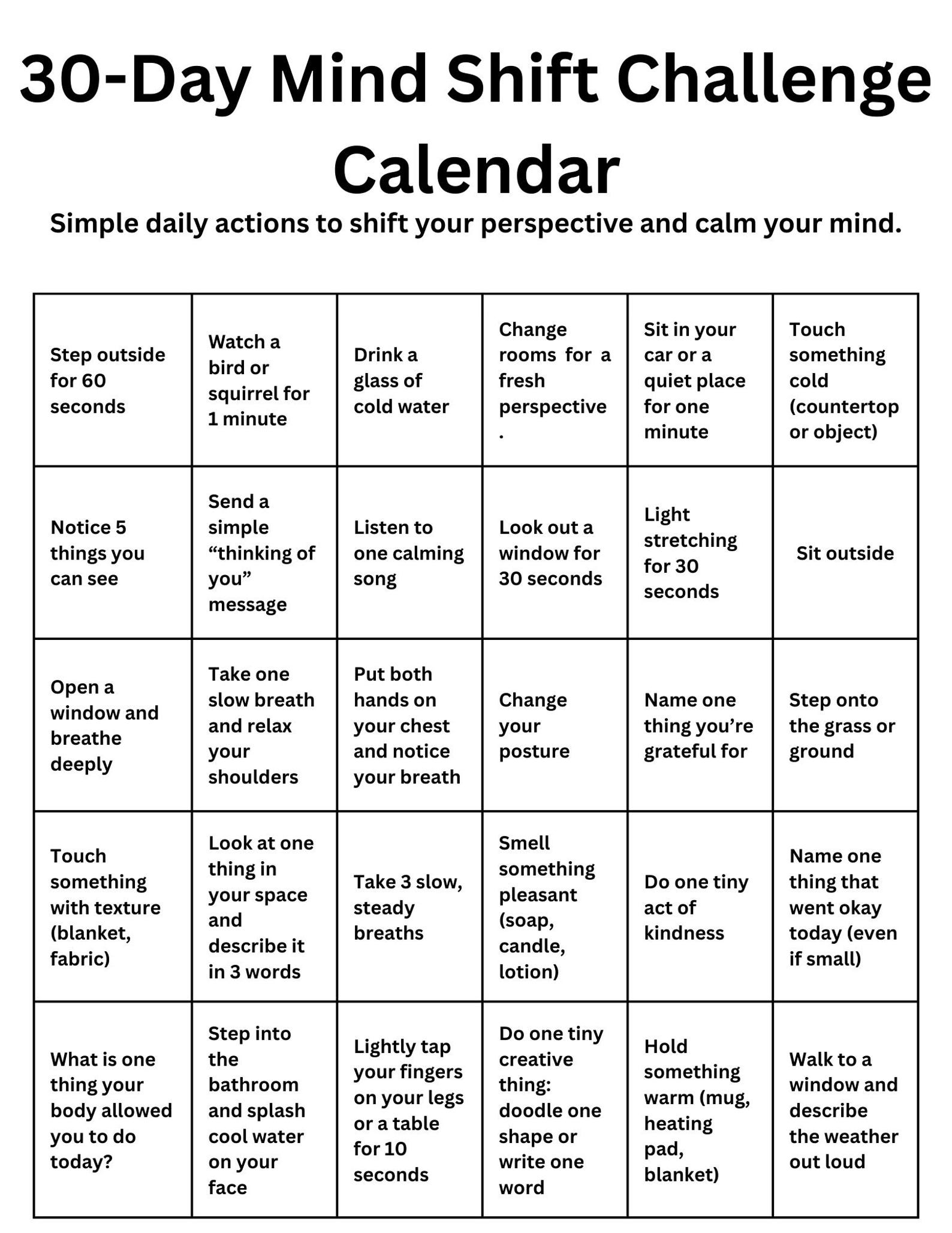 30-day Mind Shift Challenge Calendar | Anxiety Relief Prompts (PDF) - Etsy