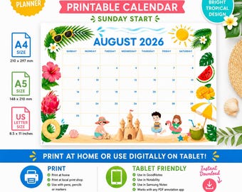 Calendrier août 2026 PDF imprimable | Agenda d'été tropical Sunday ...