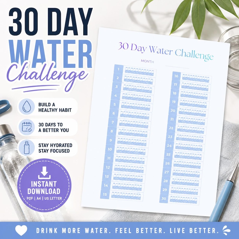 30 Day Water Challenge Tracker | Hydration Habit Planner (PDF Download ...