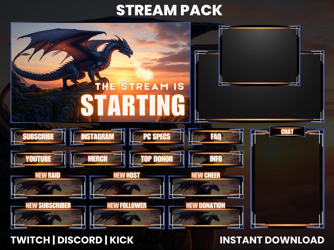 Blue Dragon Sunset Stream Pack Overlay | Fantasy Dragon Twitch Starting ...