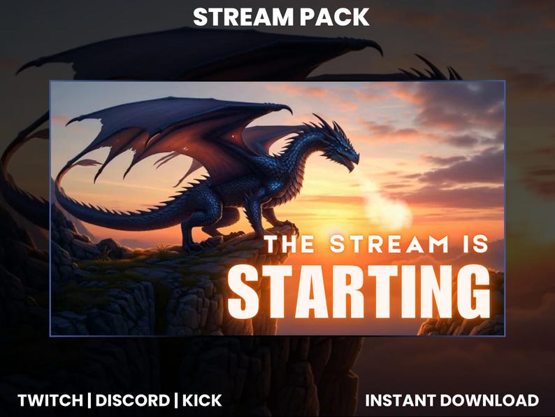 Blue Dragon Sunset Stream Pack Overlay | Fantasy Dragon Twitch Starting ...