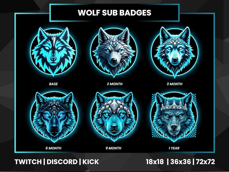Wolf Sub Badges for Twitch Discord Kick | Blue Neon Wolf Subscriber ...