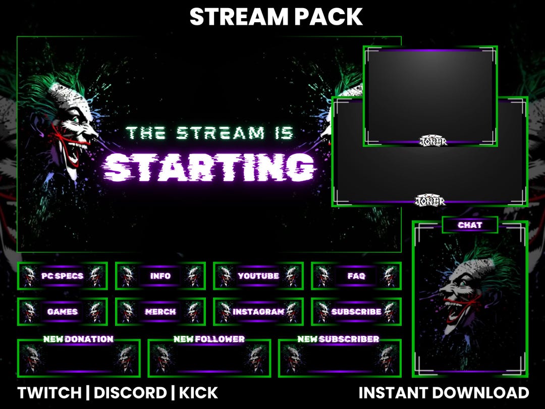 Dark Joker Stream Pack | Neon Green & Purple Overlays (digital Download ...