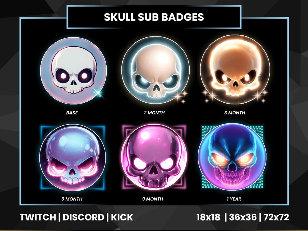 Neon Skull Sub Badges | Twitch Loyalty Badges, Dark Glow PNG - Etsy