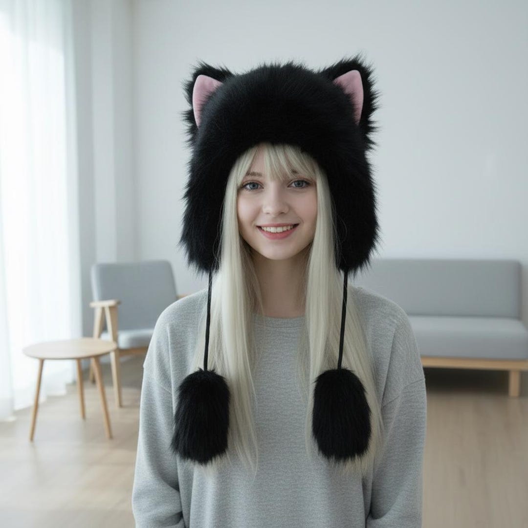 Cat Ear Hat, Furry Cat Hat, Black Cat Hat, Cute Cat Hat, Kawaii Cat Hat ...