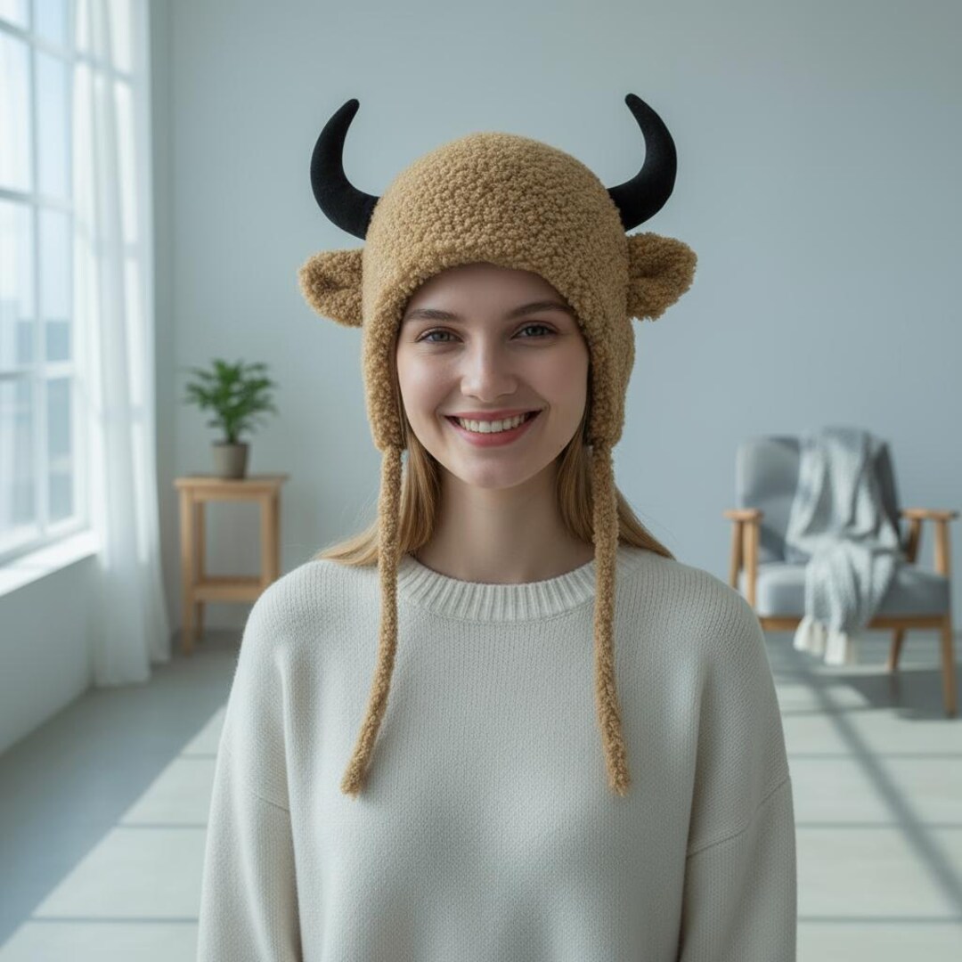 Furry Horn Hat, Animal Horn Hat, Cute Horn Hat, Buffalo Hat, Cow Horn ...