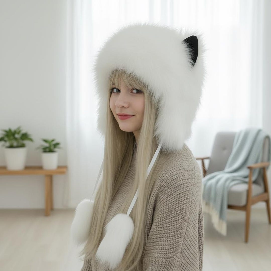 White Cat Ear Hat, Furry Cat Hat, Fluffy Cat Hat, White Furry Hat, Cute ...