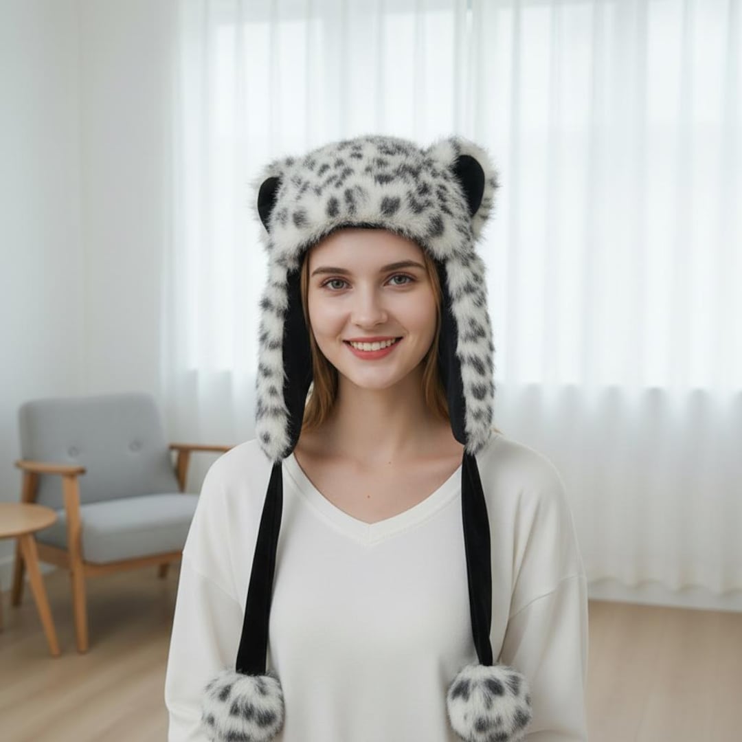 Leopard Fur Hat, Faux Fur Winter Hat, Animal Ears Hat, Fluffy Winter ...