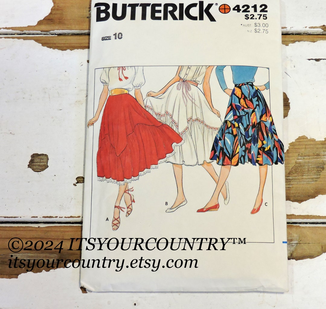 Butterick 4212 Peasant Skirt Pattern Misses Sz 10 Below Knee Asymmetrical Ruffled Flounce ...
